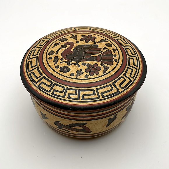 Accents | Hand Painted Red Ware Trinket Dish Birdflowersdeer ...